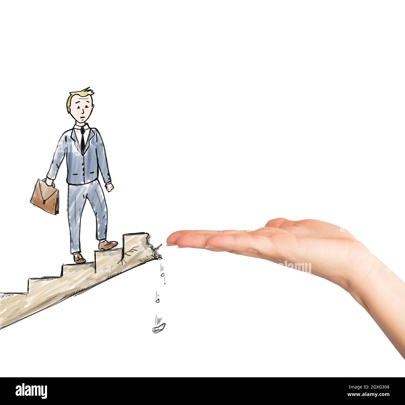 Businessman on a scale landslide helped by a big hand Stock Photo - Alamy