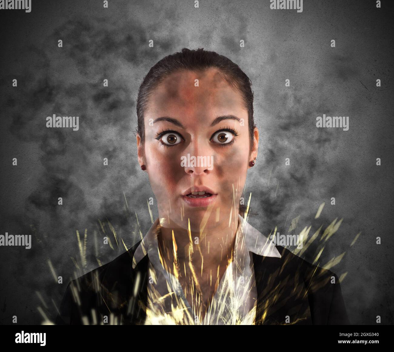 Woman with shocked expression smoke and sparks Stock Photo - Alamy