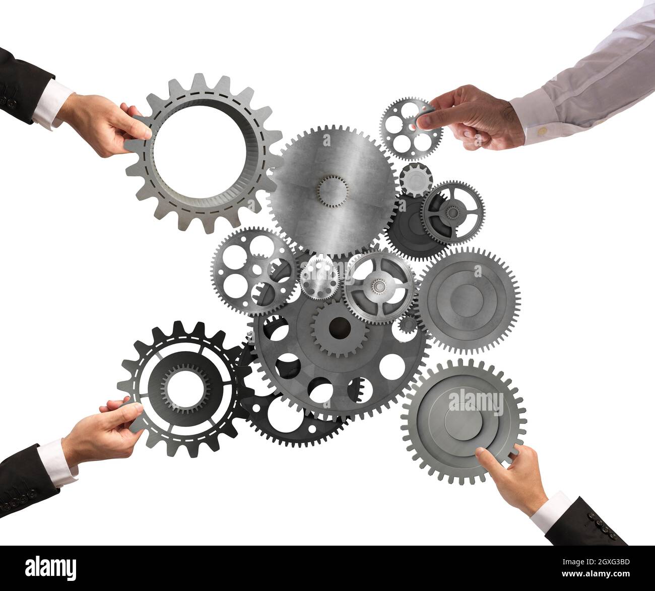 Teamwork of businesspeople work together and combine pieces of gears to ...