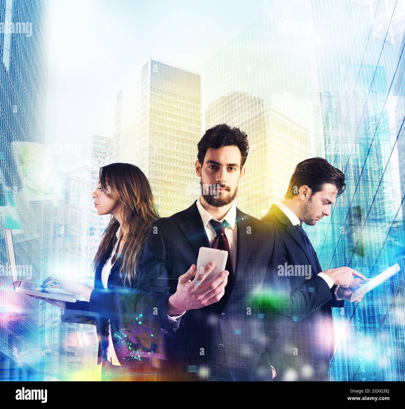 Business people with technological devices on city background Stock ...