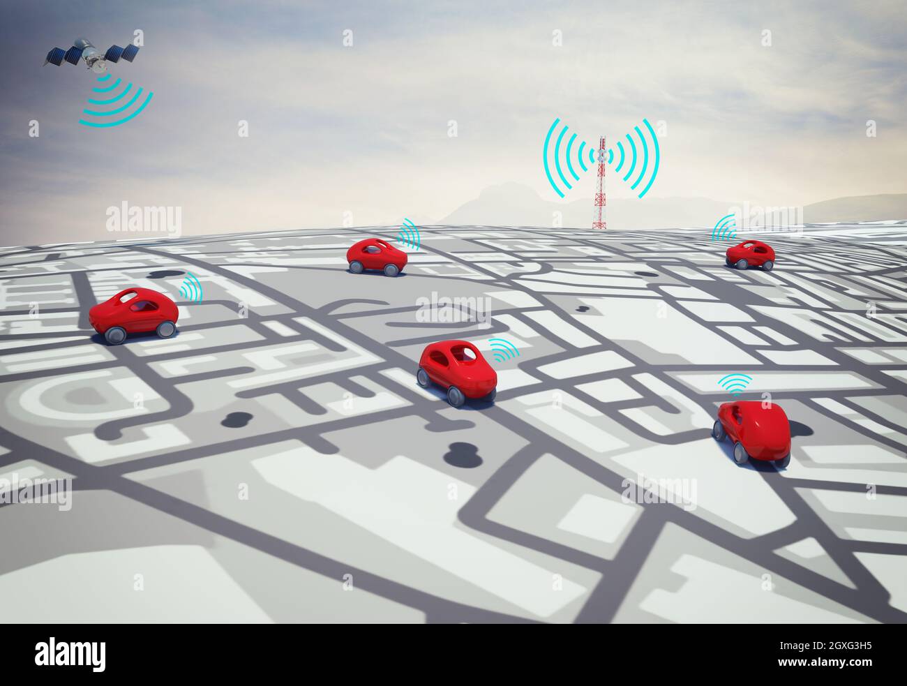 3D Rendering cars on the road with path traced by satellite Stock Photo ...