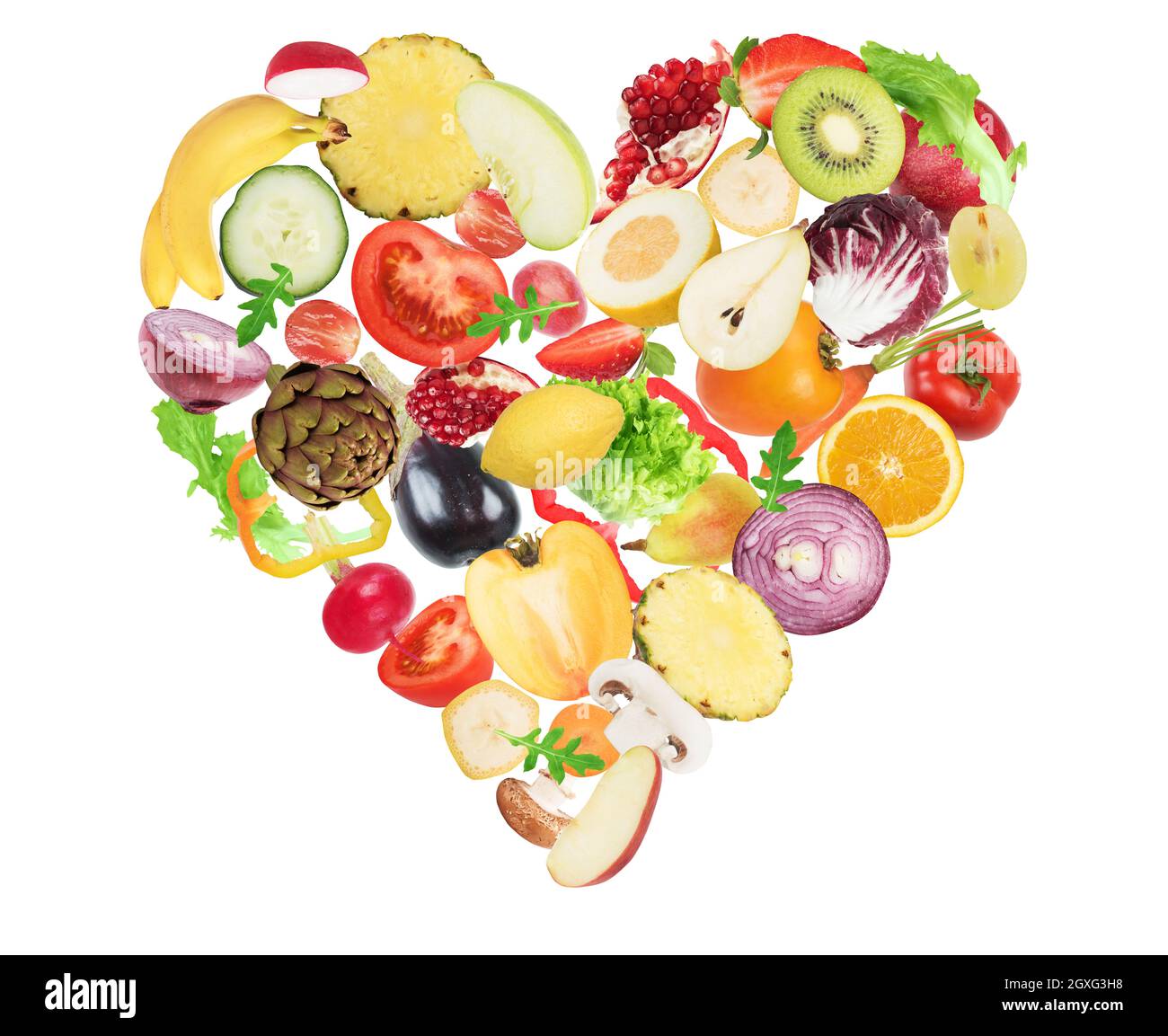 Vegetable and fruit forming a heart. Healthy food for wellness concept ...