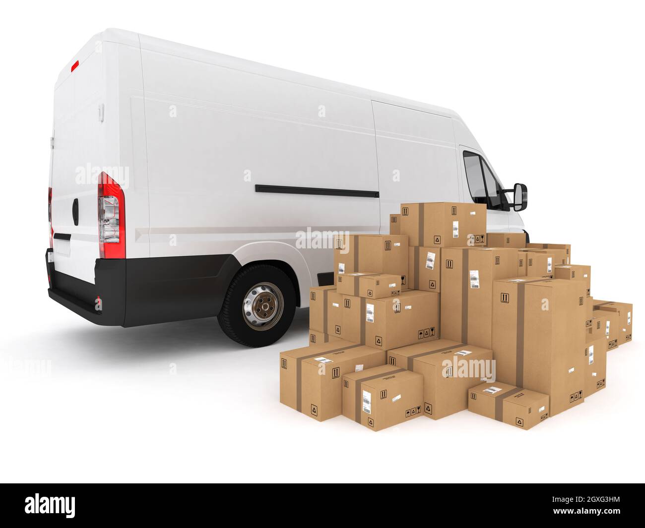 Loading stack of packed boxes on van . 3D Rendering Stock Photo - Alamy