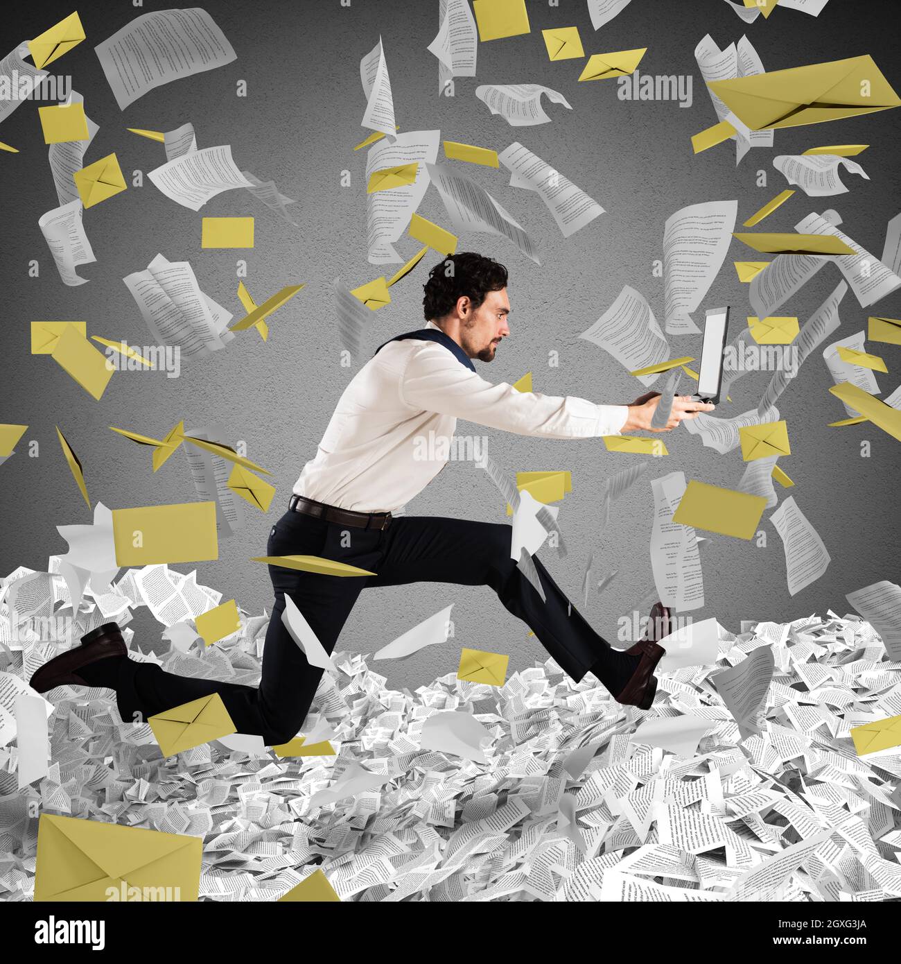 Businessman with laptop runs away from a paperwork and bureaucracy ...
