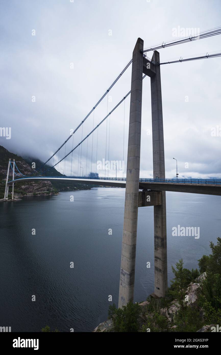 bridge over Lysefjord at the overcast weather, Norway Stock Photo - Alamy