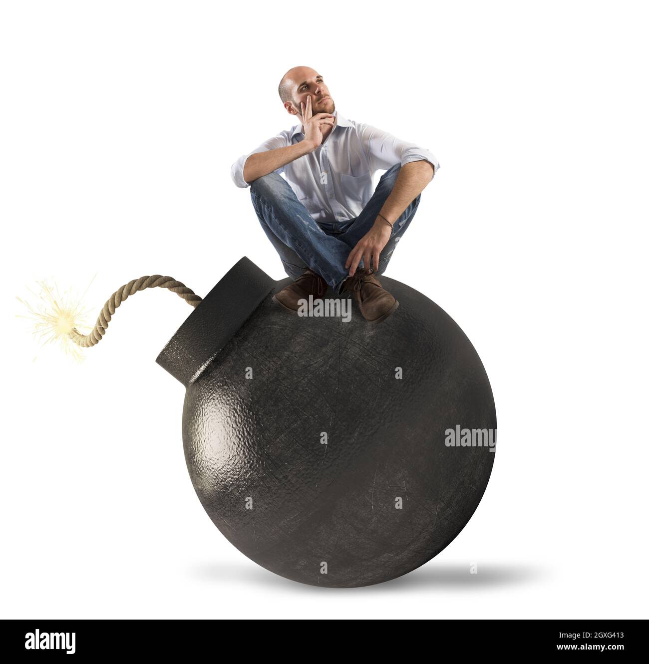 Man thinking over bomb about to explode Stock Photo - Alamy