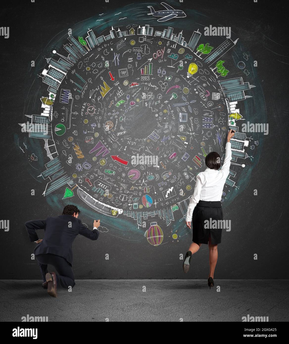 Business team drawing a new complex project on wall Stock Photo - Alamy