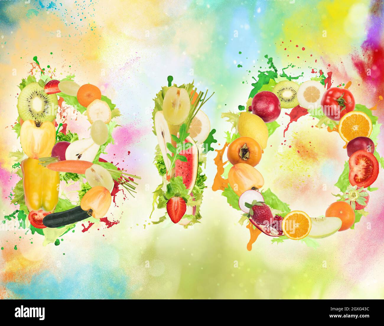 Fruit and vegetables forming the word bio with splashes of color ...