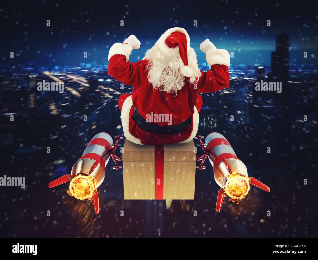 Santa Claus with gift box flies with rockets on space Stock Photo - Alamy