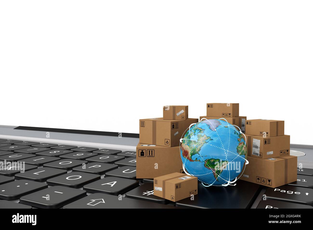 Small cardboard boxes and globe on a computer keyboard. 3D Rendering ...