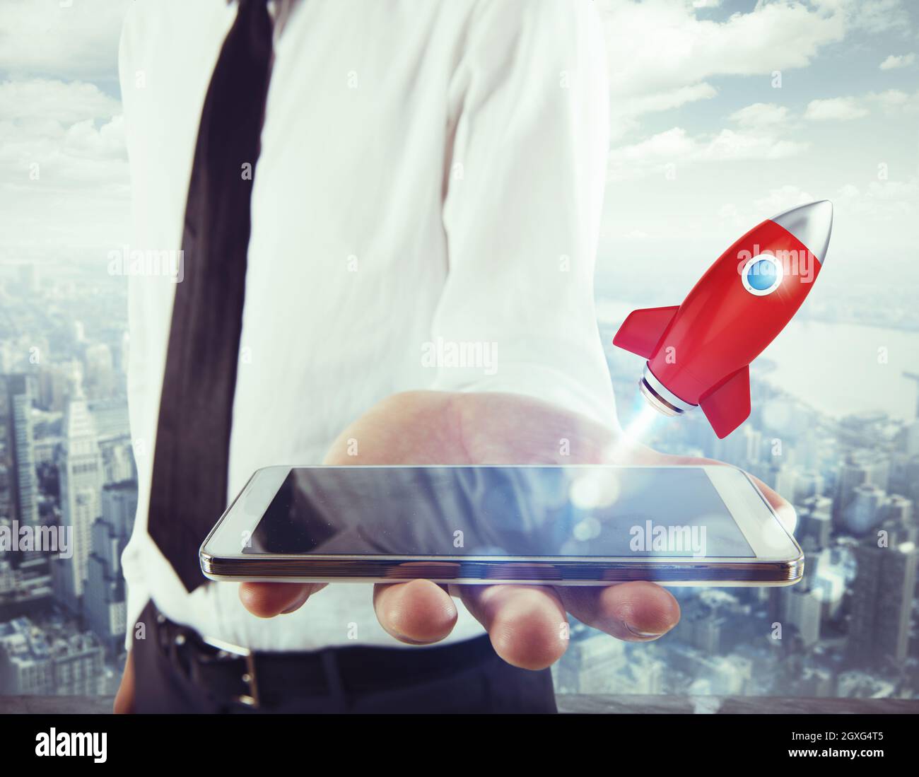 Small rocket starts from the cell phone of a businessman. 3D Rendering ...