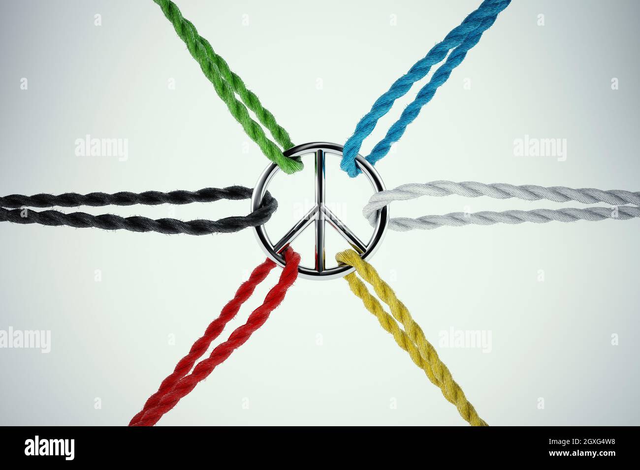 3D Rendering united for peace. Ropes tied to the symbol of peace Stock ...