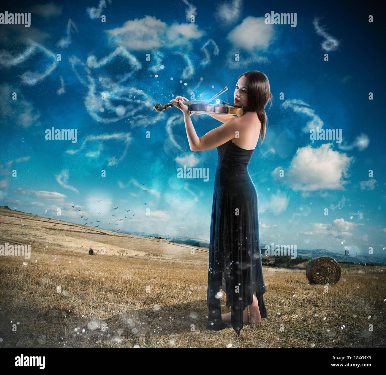 Elegant woman playing the violin on background of countryside with ...