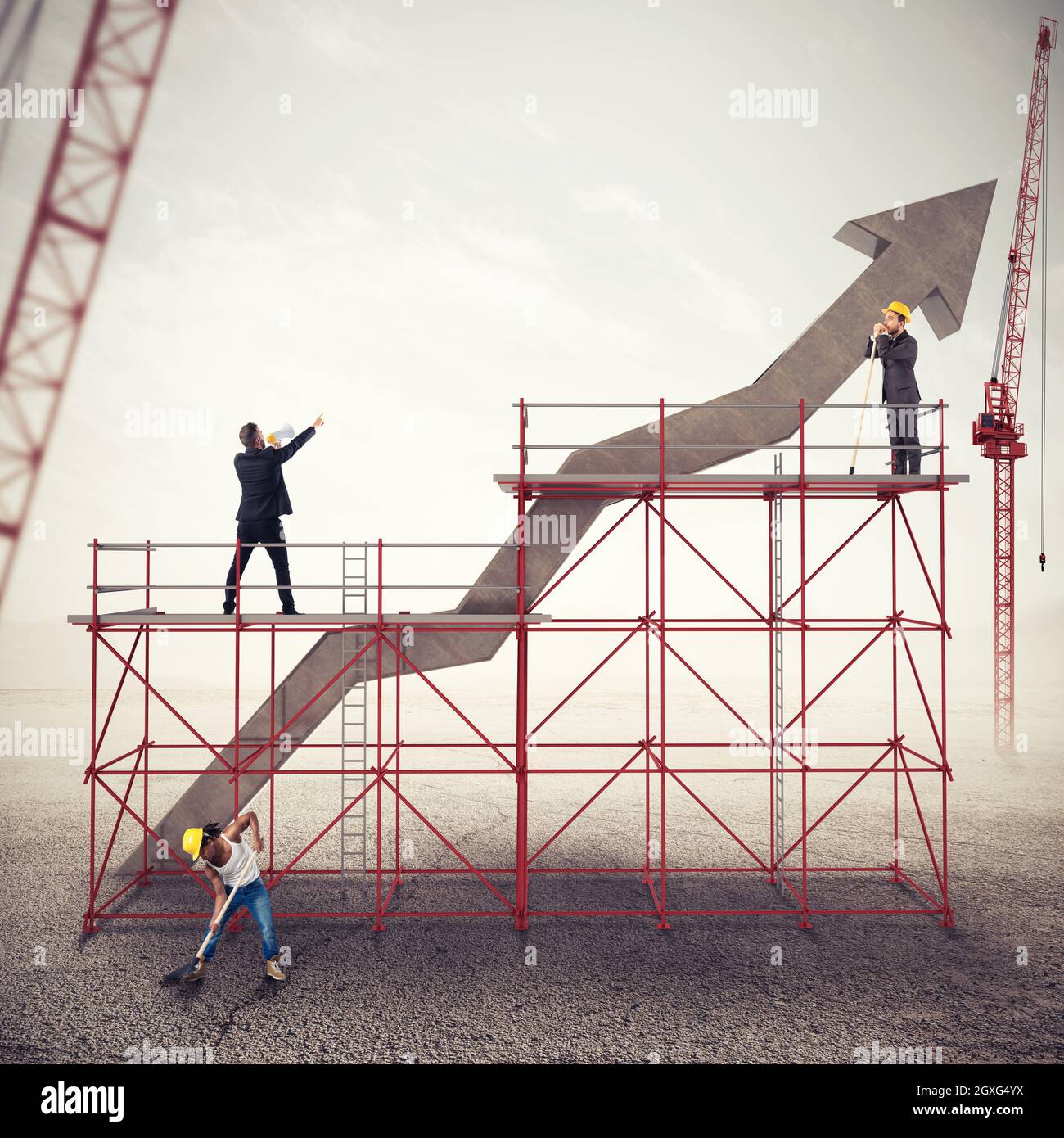 Teamwork builds an arrow uphill under construction. Build a business ...