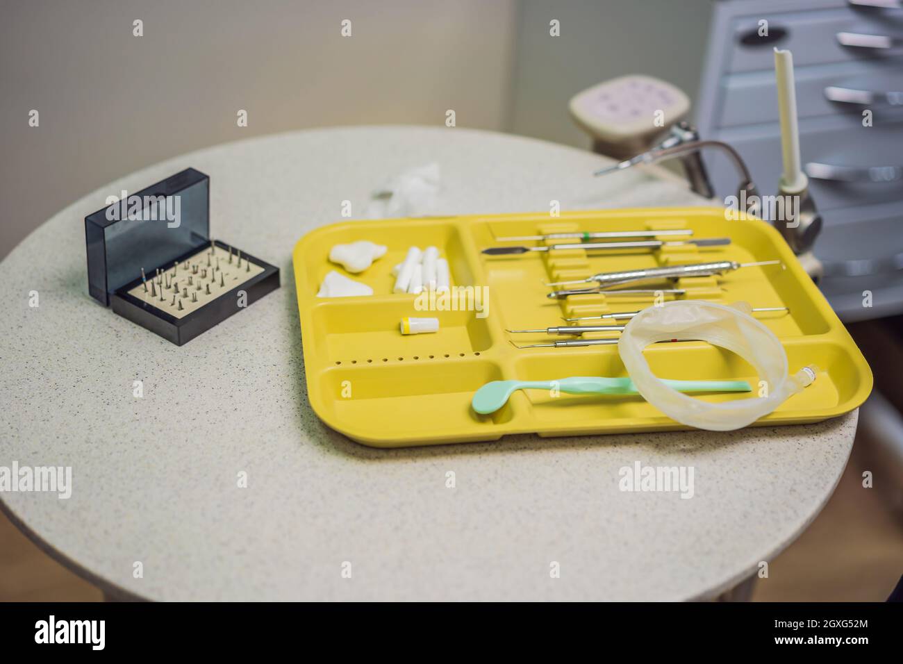 Equipment and dental instruments in dentist's office. Tools close-up ...