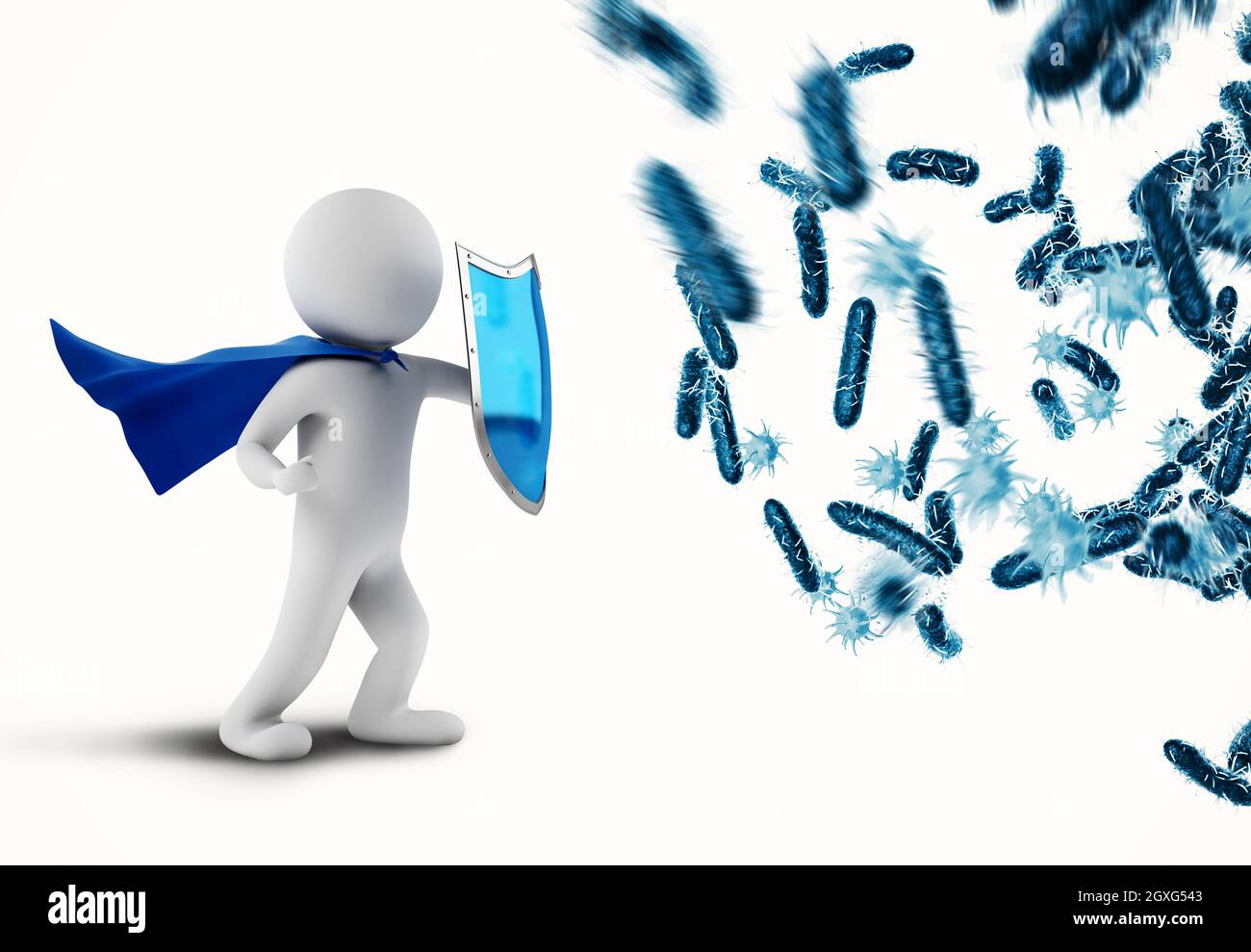 3D Rendering. little man protects with the shield by an attack of ...