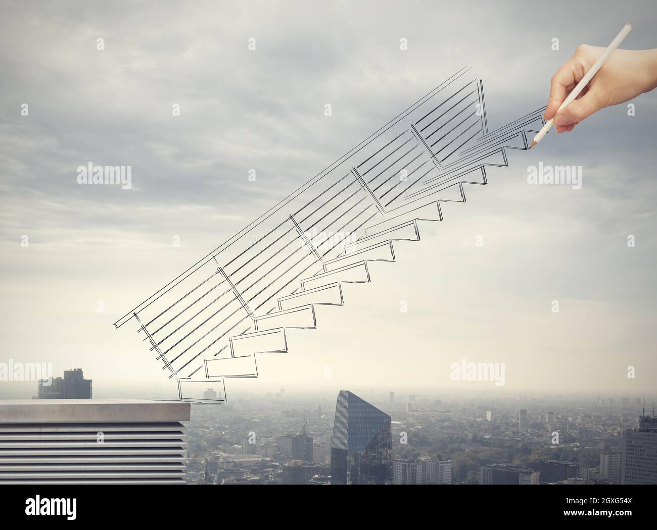 Hand drawing a rising scale. Concept of career of a businessman Stock ...