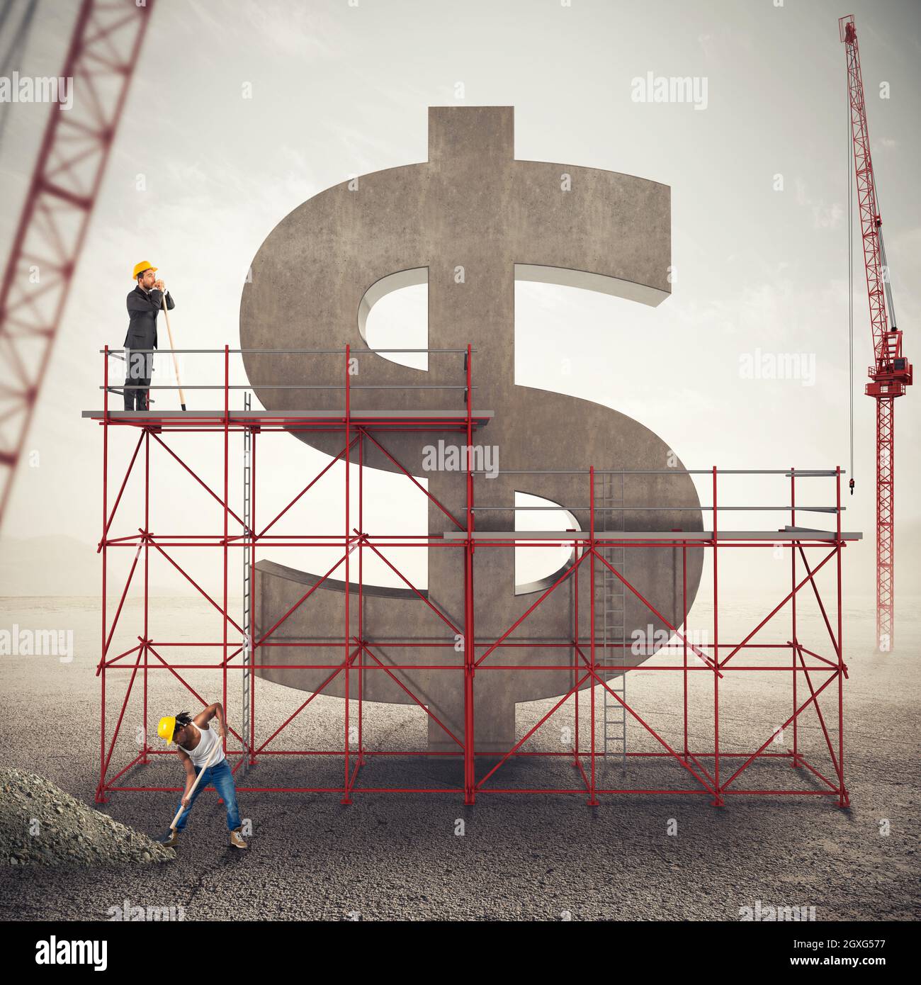 Scaffolding built on a wall with the symbol of dollar. 3D Rendering ...