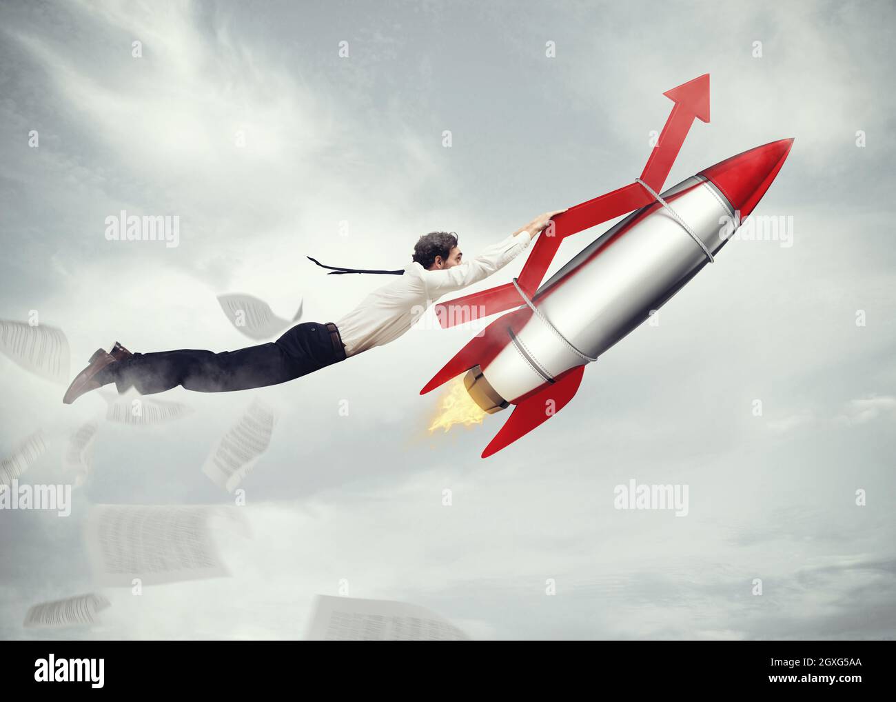 Businessman flying attached to a missile with an arrow. take-off ...