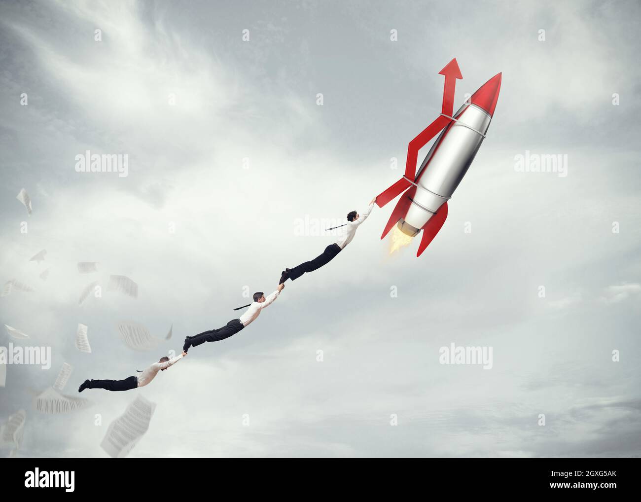 Businessmen flying attached to a missile with an arrow. take-off ...