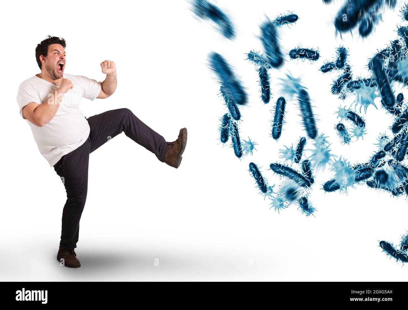 Man scared and aggressive kicks an attack of bacteria. 3D Rendering ...
