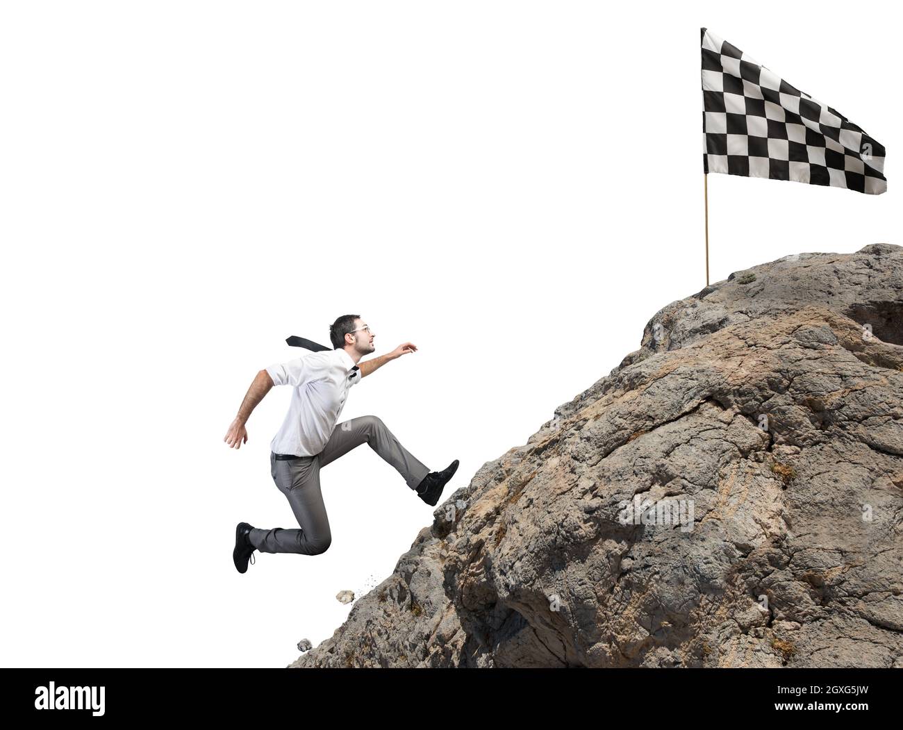Businessman climbs a mountain to get to the flag. Achievement business ...