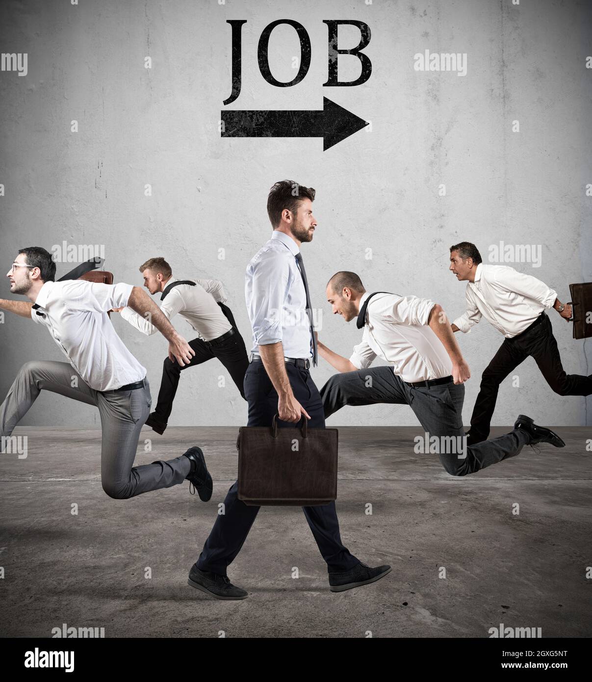 Group of people run together in the opposite direction of the arrow ...