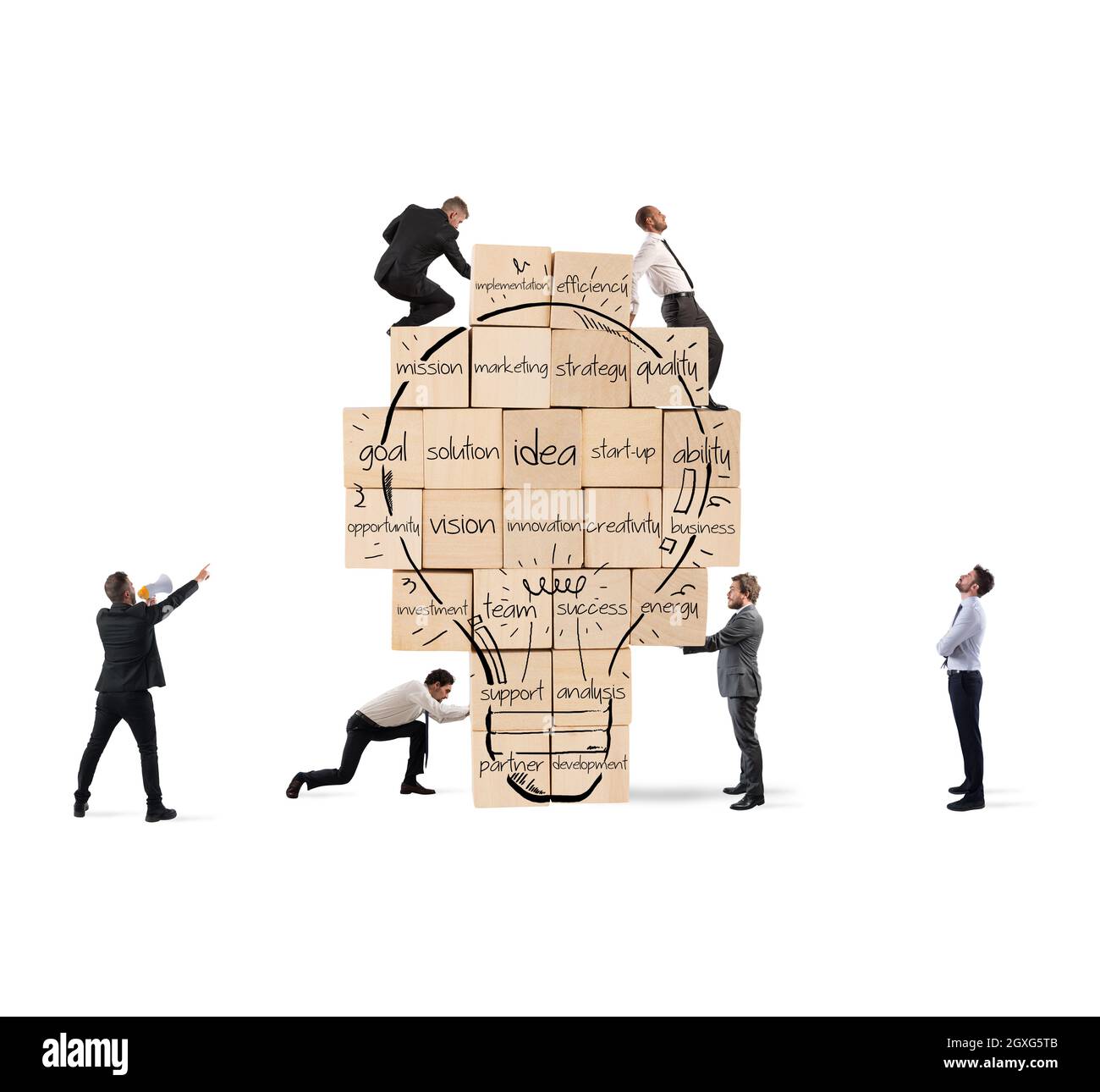 Business person built together a big brick wall with drawn lightbulb ...