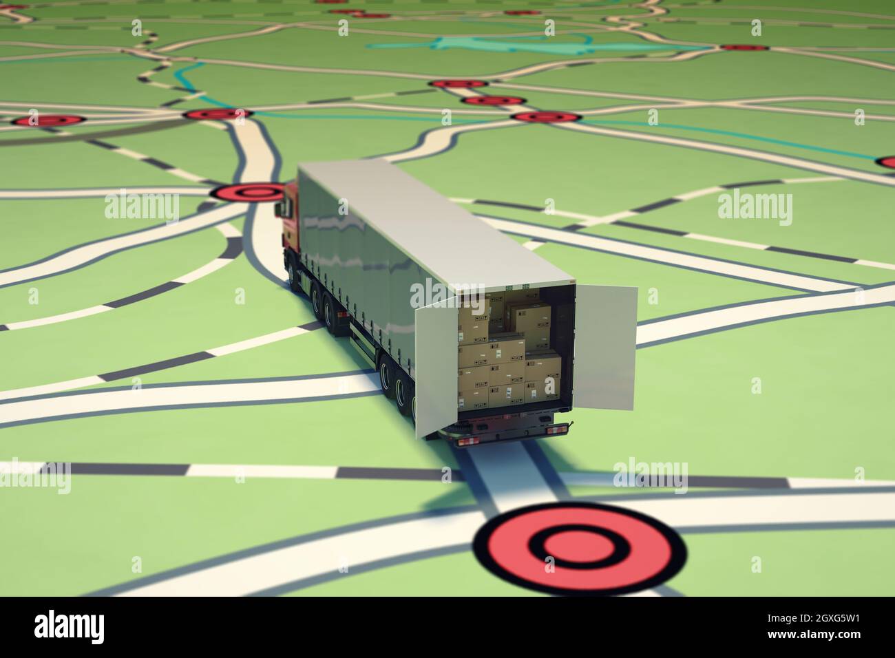 Image of map of streets with truck loaded stack of packed boxes. 3D ...