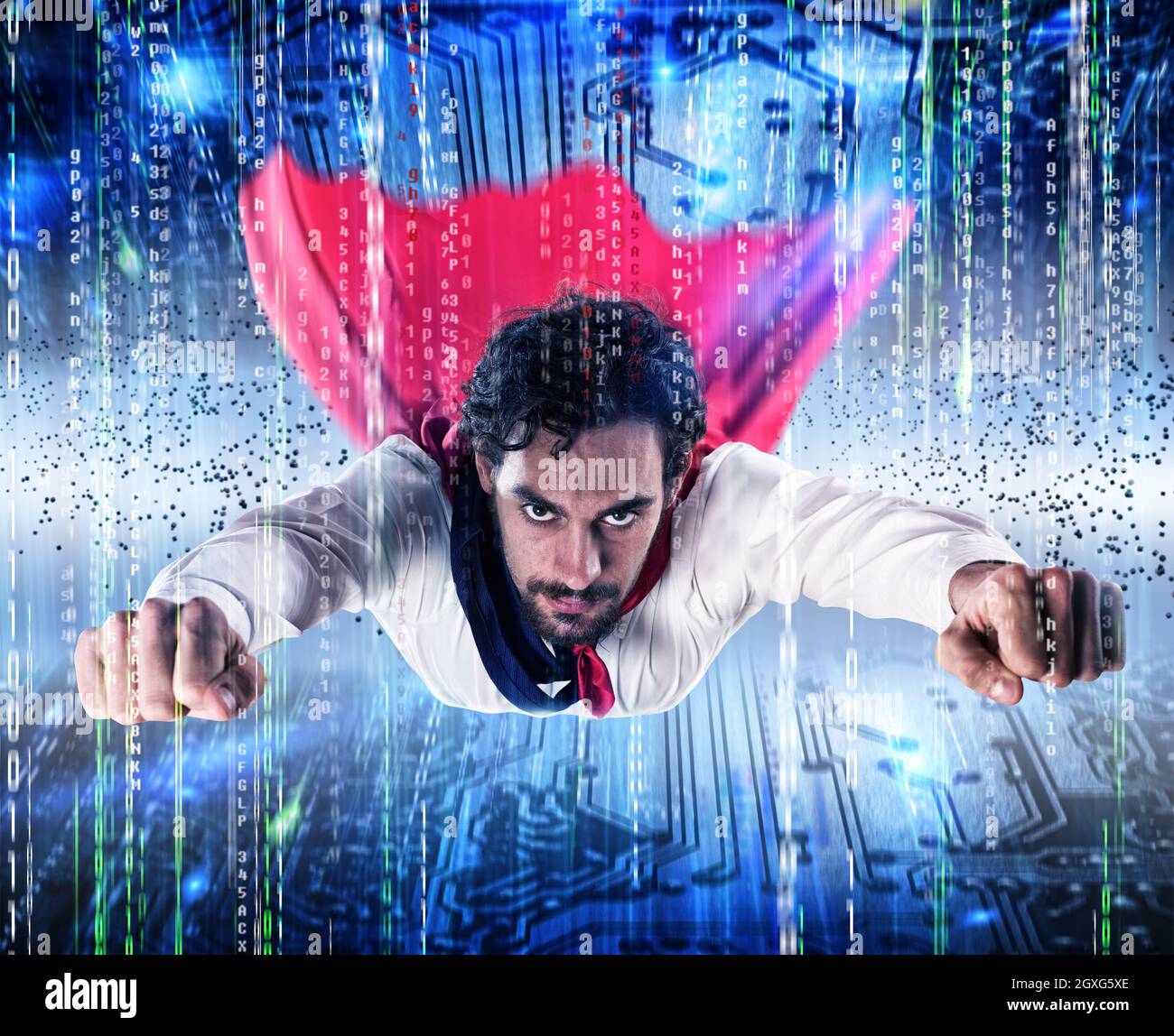 Futuristic technology background with a businessman as a superhero ...