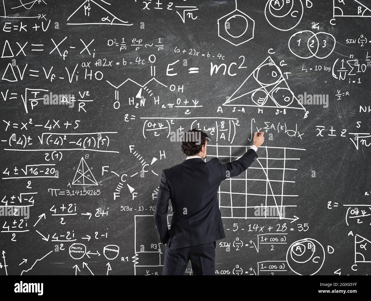 Businessman trying to solve problems with Math calculations on the ...