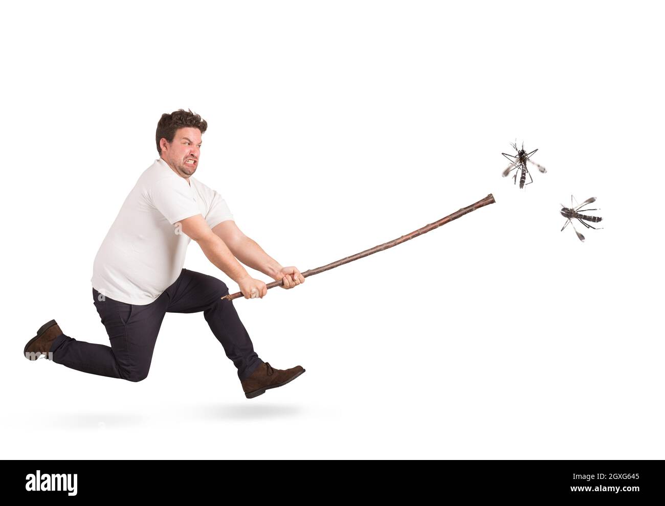 Angry Man strikes with the stick big mosquitoes Stock Photo - Alamy