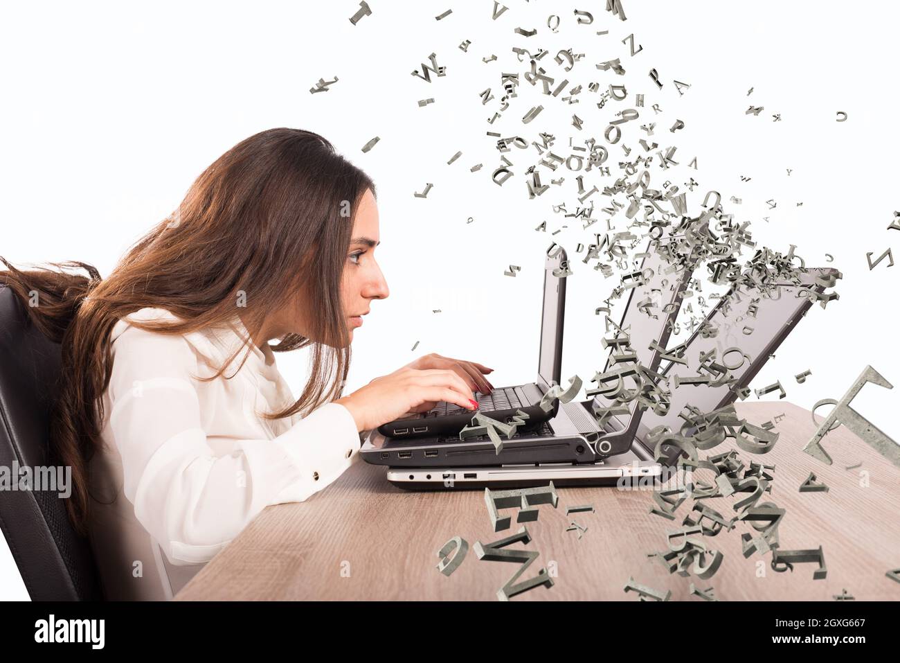 Woman on the computer writes frantically. internet and social network ...