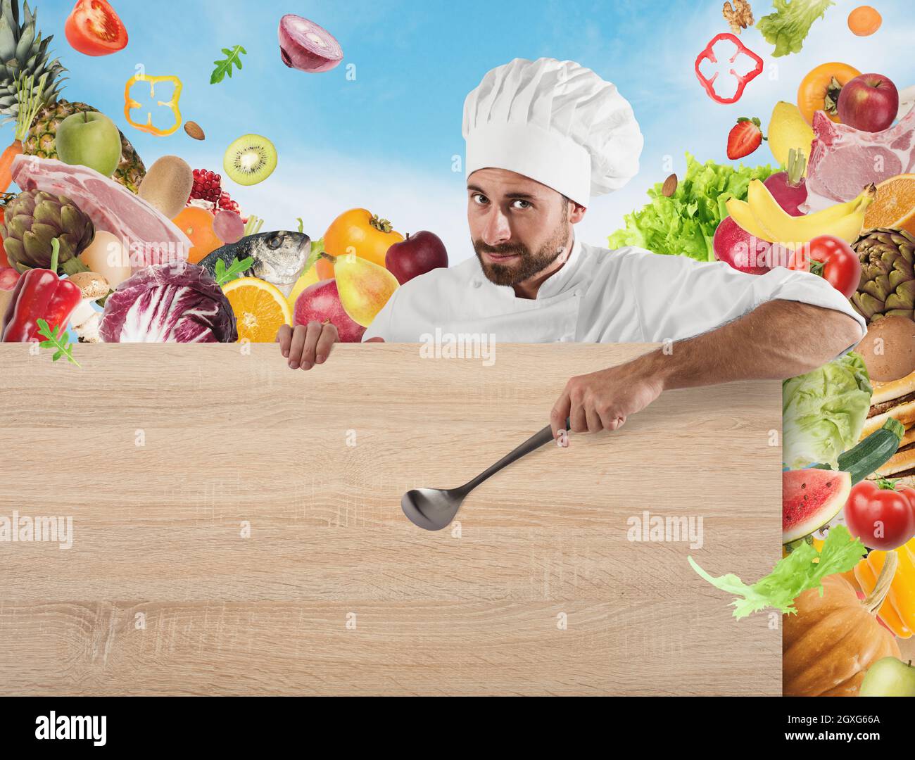 Smiling chef with ladle indicates a board and vegetables background ...