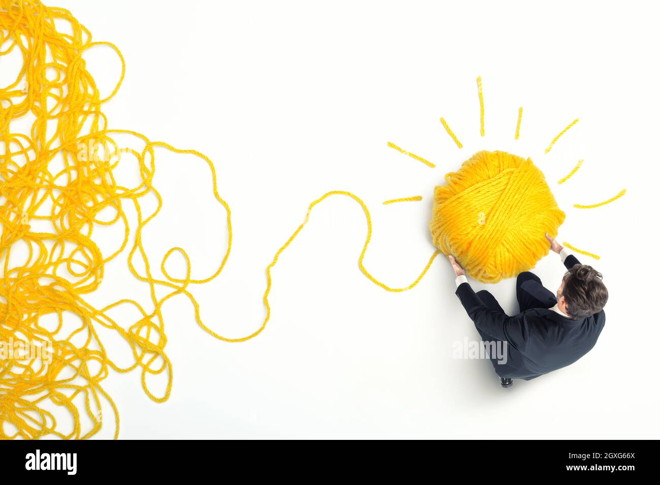 Concept of solution and innovation with tangle of wool yarn Stock Photo ...