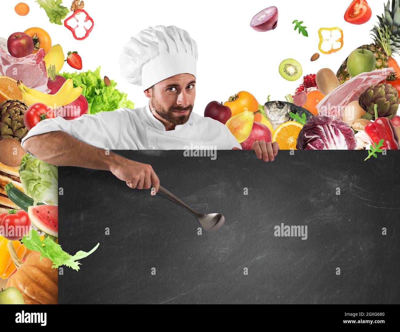 Smiling chef with ladle indicates a board and vegetables background ...