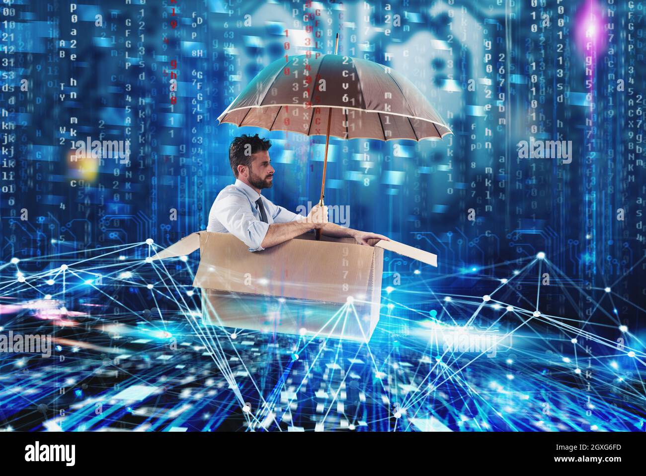 Businessman surfing the digital internet on a cardboard. Internet ...