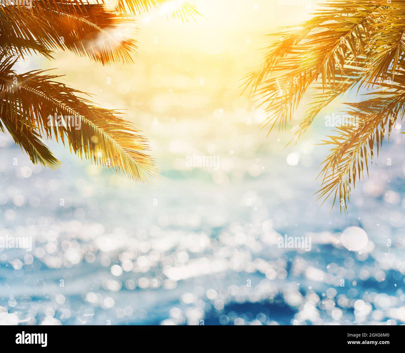 Tropical beach with coconut tree with sunray reflected on the sea on ...