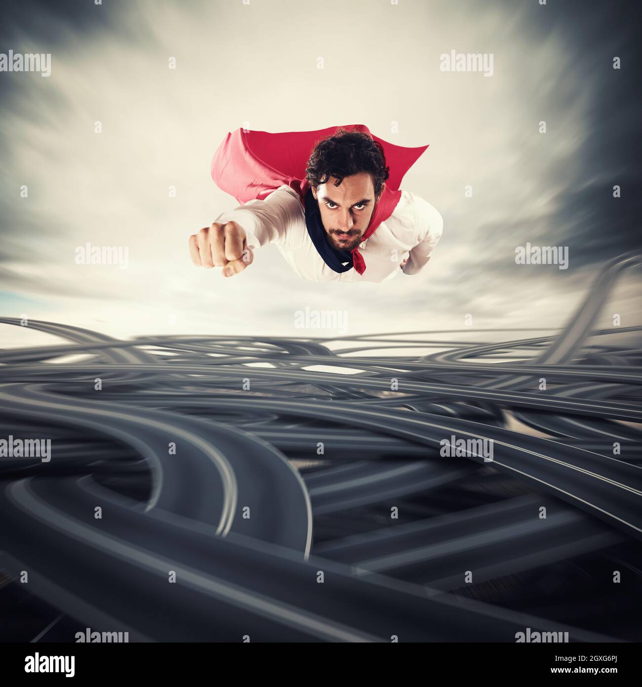 Male superhero with read cloak flying fast over road junctions. Concept ...