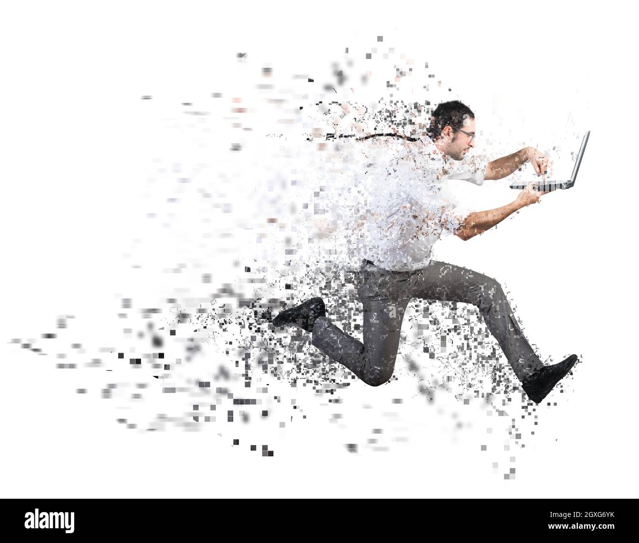 Fast internet connection concept with running businessman with laptop ...