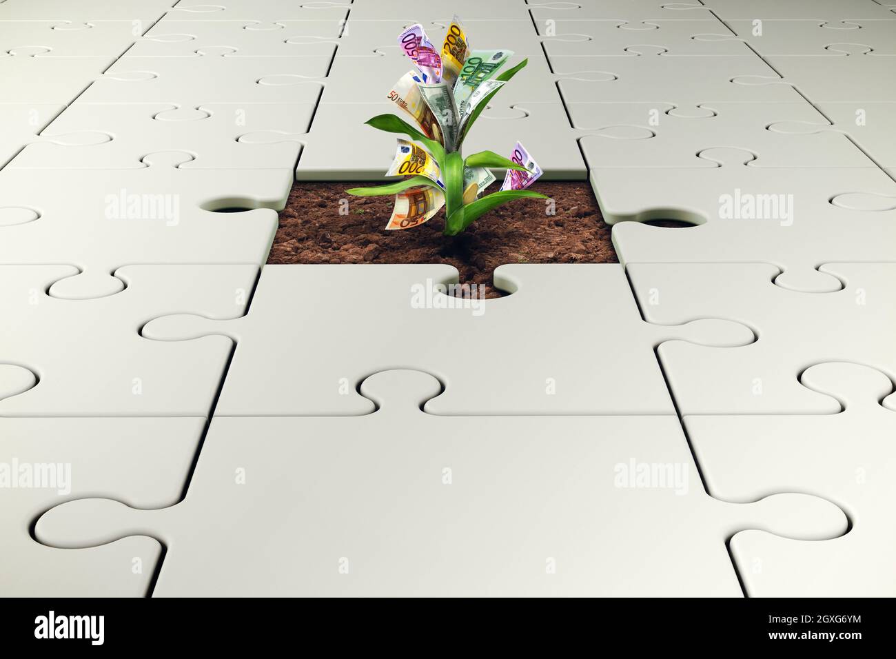 Plant grows from a white puzzle. Growth and development through ...