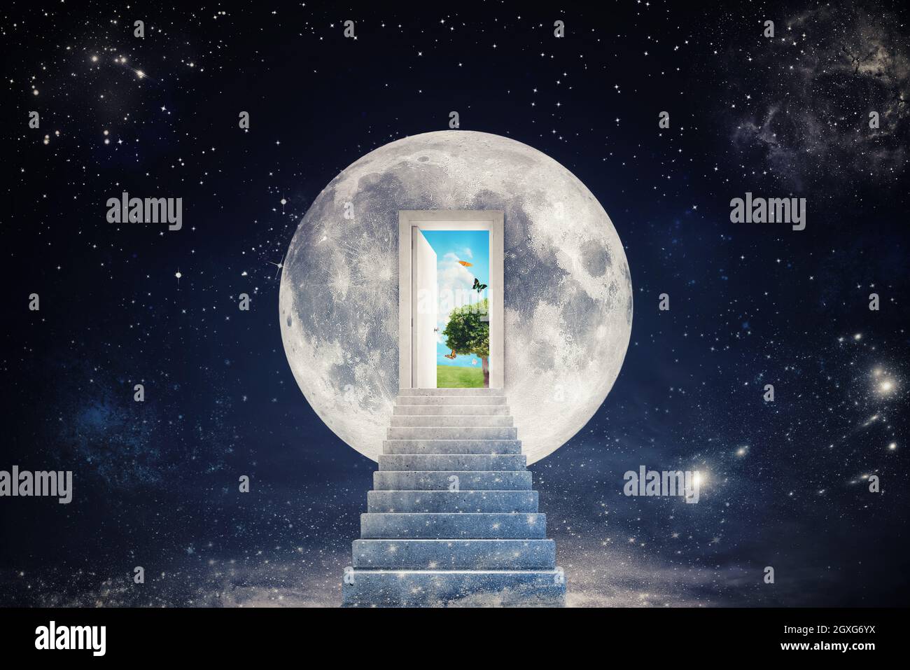 Staircase leads to a door to the moon that opens to a new world Stock ...
