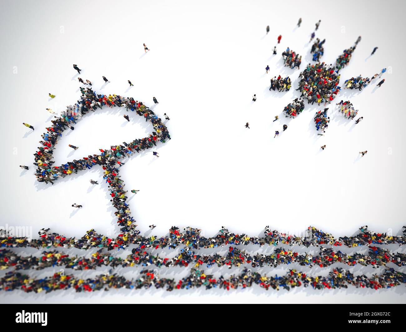 Multitude of people deployed to draw, waves, sun and umbrella. Concept ...