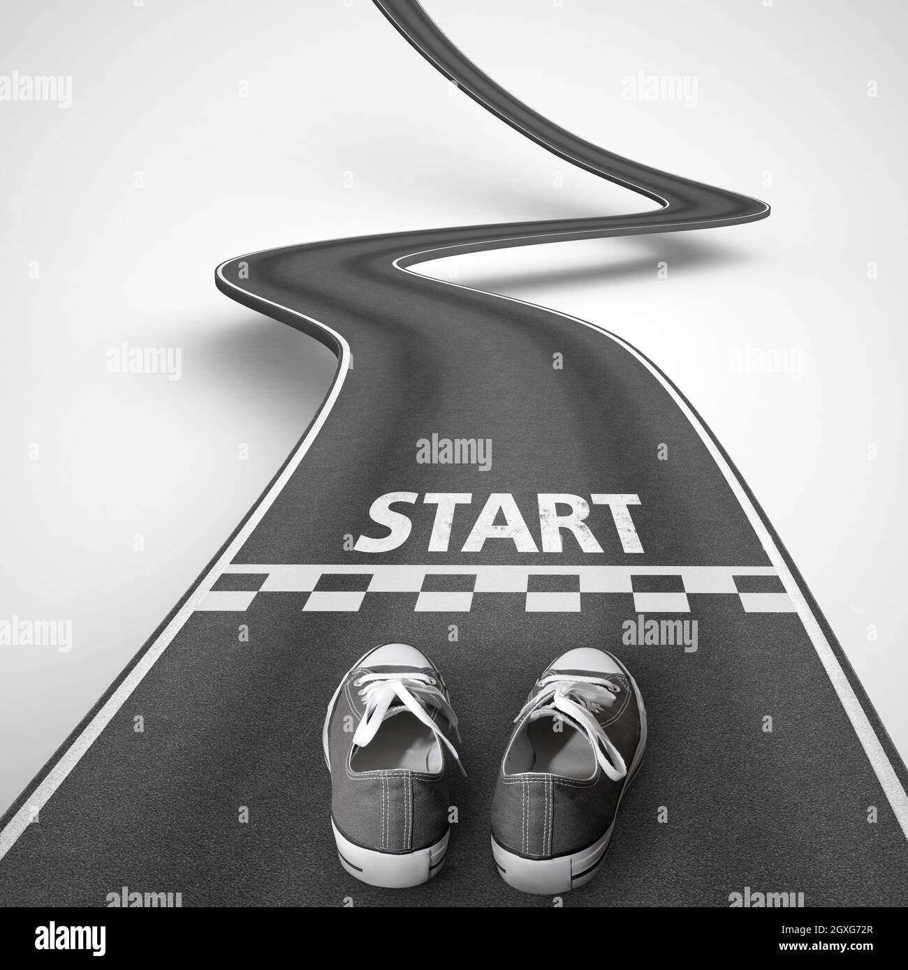 Shoes behind the starting line in a winding road on white background ...