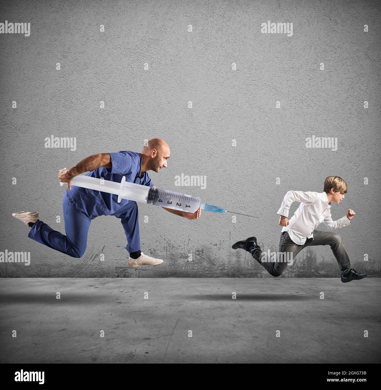 Fear of the vaccine concept with running kid pursued by a doctor Stock ...