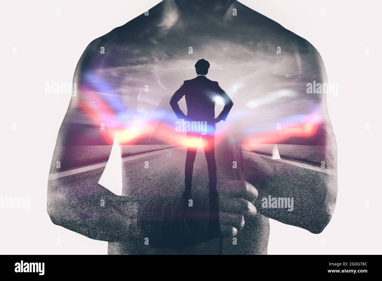 Power and determination of a fighter businessman. Double exposure photo ...