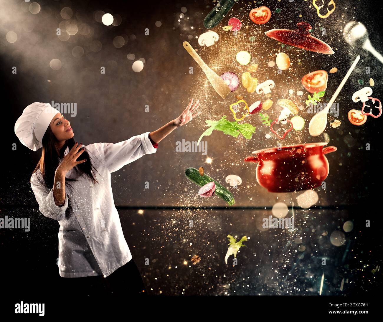 Chef looks enchanted the ingredients ready to cook a new dish Stock ...