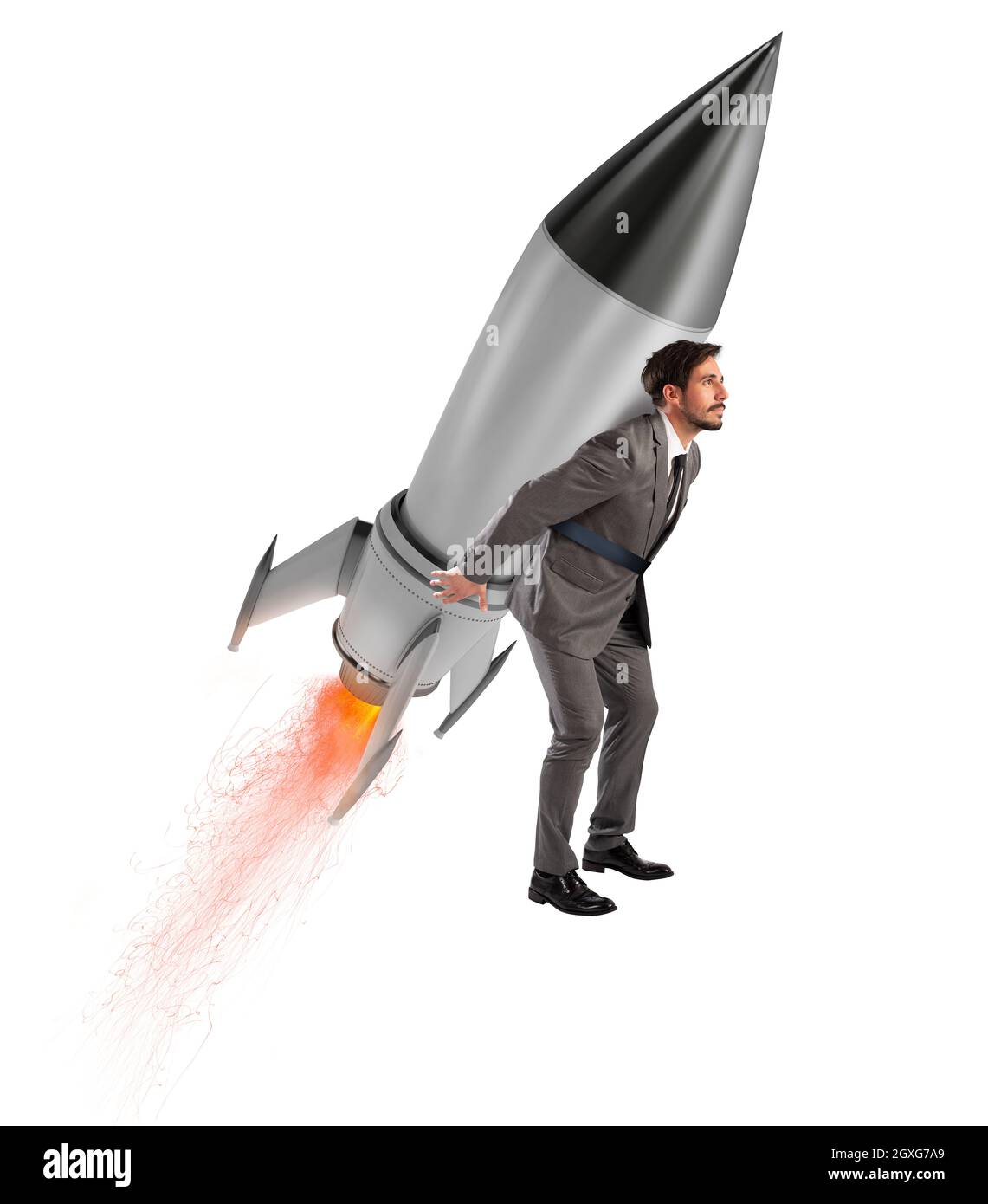 Businessman holding a missile on his shoulders, isolated on white ...