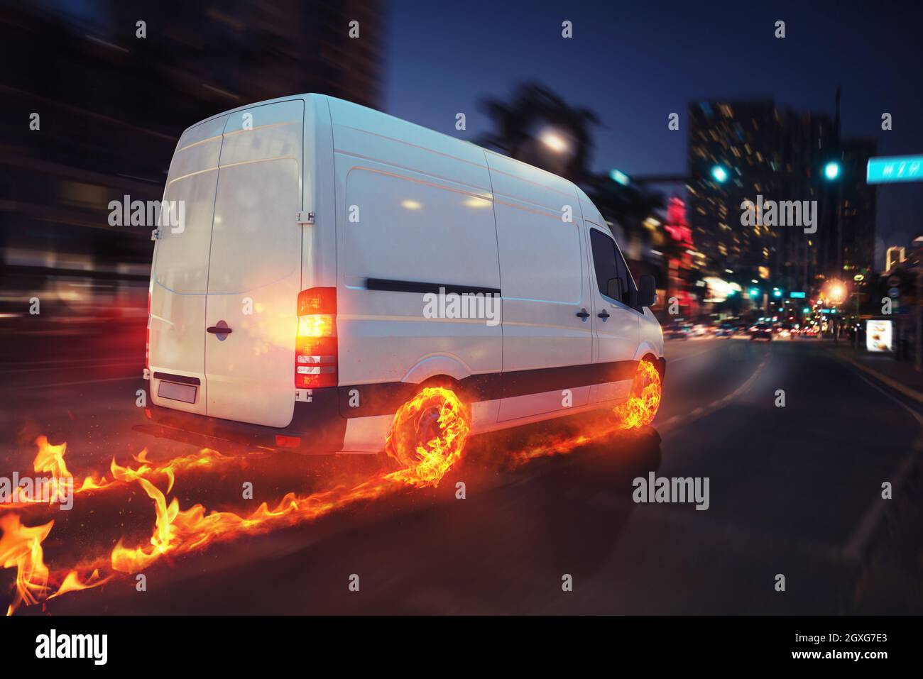 Moving truck on a city road with skyscrapers background. 3D Rendering ...