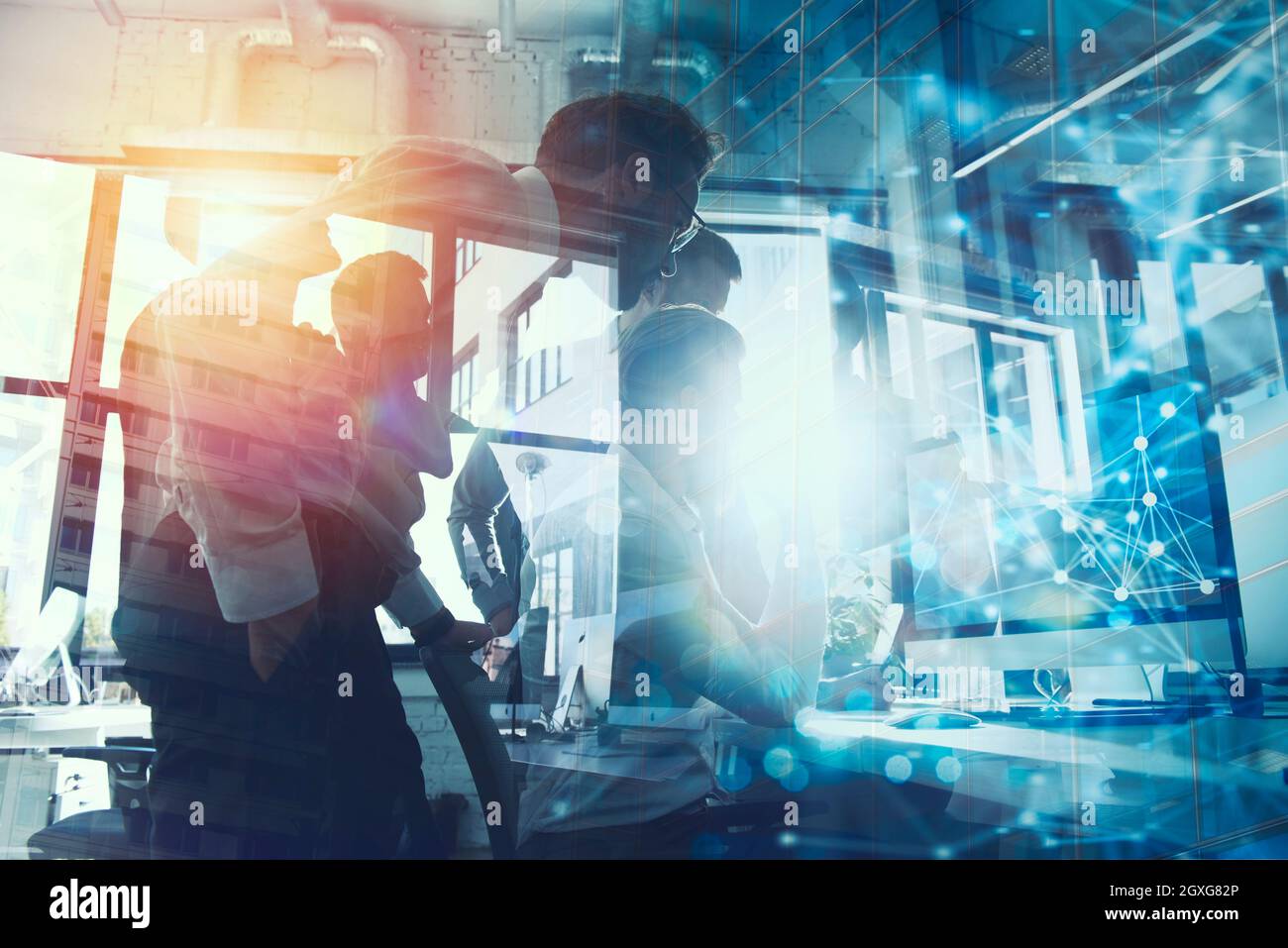 Teamwork works with a computer in office. Concept of internet sharing ...